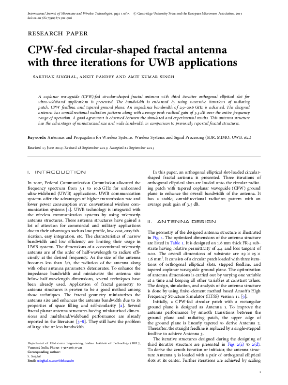 (PDF) CPW-fed circular-shaped fractal antenna with three iterations for UWB applications