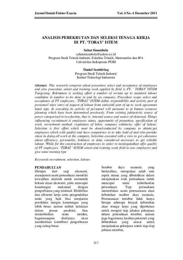 (PDF) Analisis Perekrutan Dan Seleksi Tenaga Kerja DI Pt. ‘Toray’ Istem