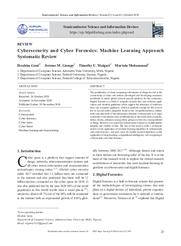 (PDF) Cybersecurity and Cyber Forensics: Machine Learning Approach