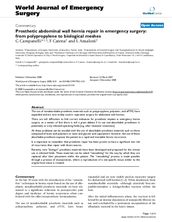 (PDF) Emergency Hernia Repair: Pros and Cons of Meshes