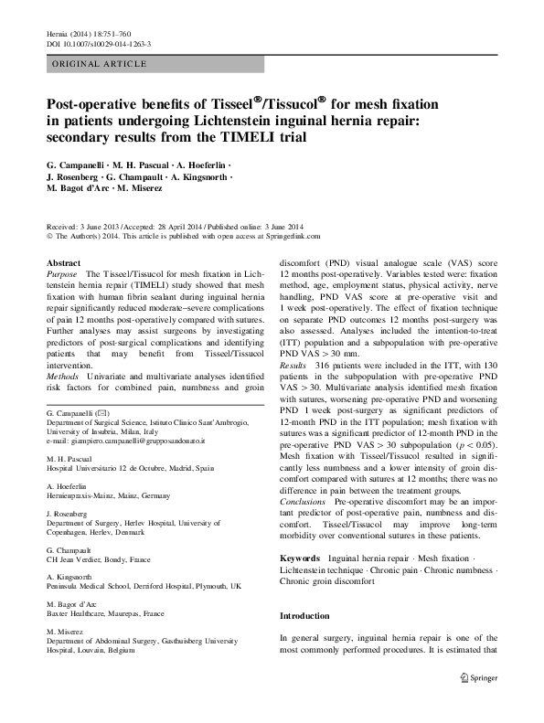 (PDF) Post-operative benefits of Tisseel(®)/Tissucol (®) for mesh ...