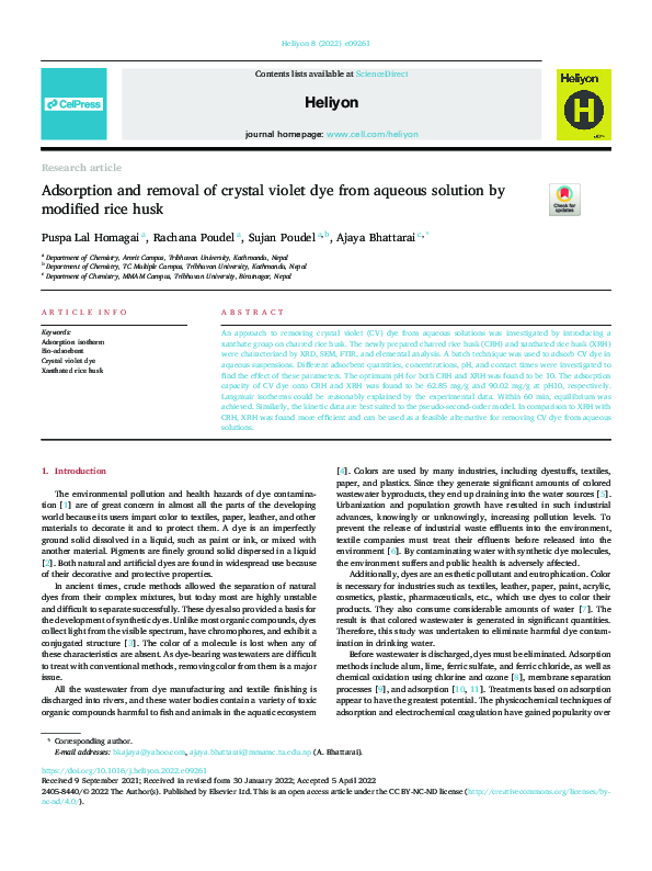 (PDF) Adsorption and removal of crystal violet dye from aqueous solution by modified rice husk