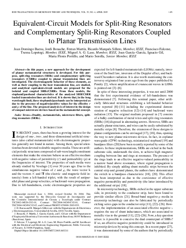 (PDF) Equivalent-circuit models for split-ring resonators and complementary split-ring ...