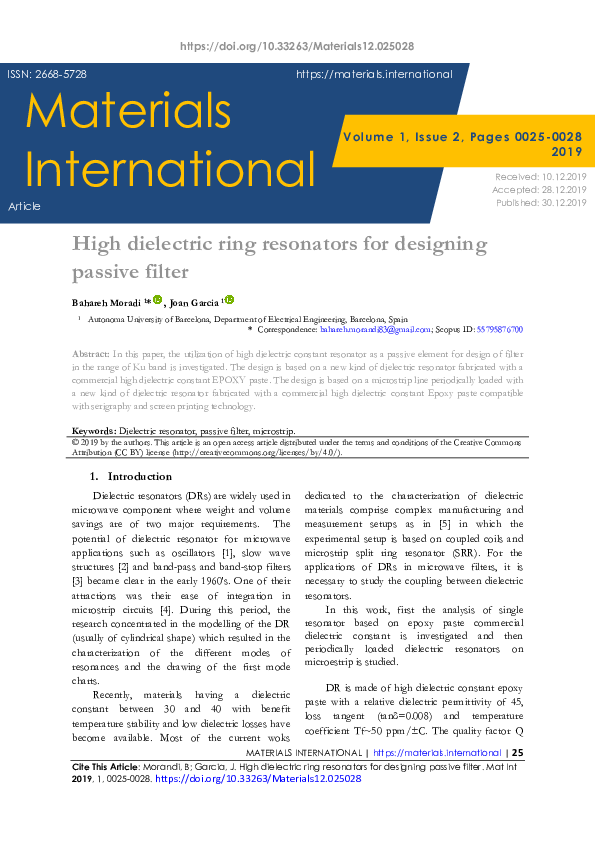 Pdf High Dielectric Ring Resonators For Designing Passive Filter