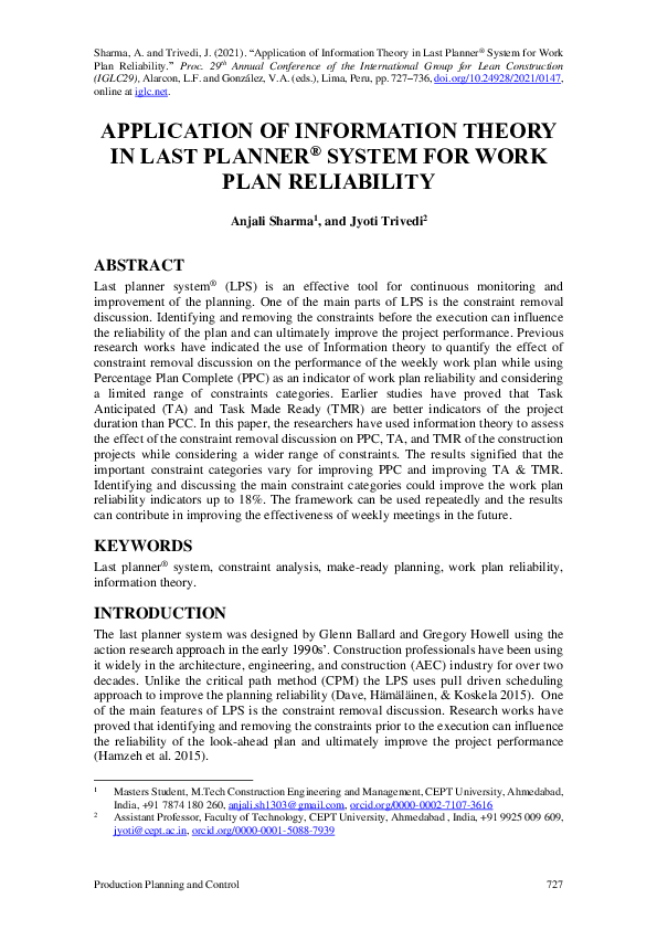 (PDF) Application of Information Theory in Last Planner® System for ...