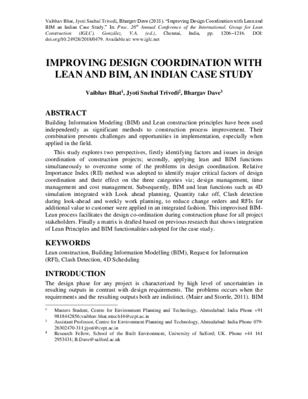 (PDF) Improving Design Coordination With Lean and BIM, an Indian Case Study