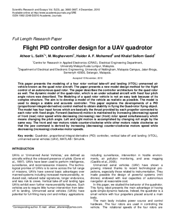 (PDF) Flight PID controller design for a UAV quadrotor