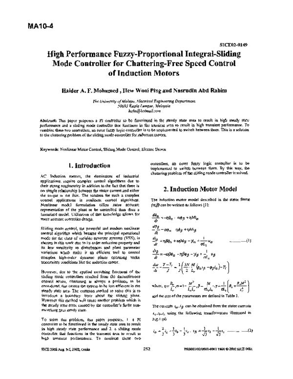 Pdf High Performance Fuzzy Proportional Integral Sliding Mode Controller For Chattering Free