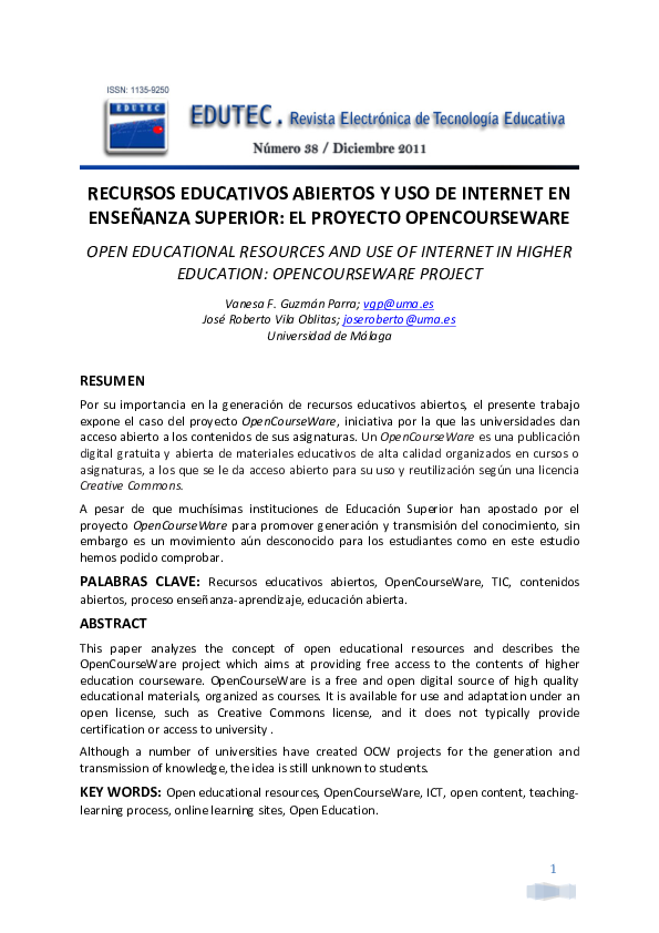 (PDF) Recursos educativos abiertos y uso de internet en enseñanza superior: el proyecto ...
