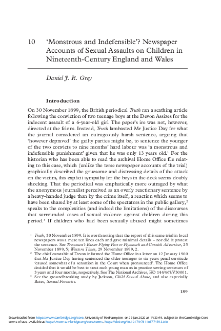 (PDF) ‘Monstrous and Indefensible’? Newspaper Accounts of Sexual Assaults on Children in ...