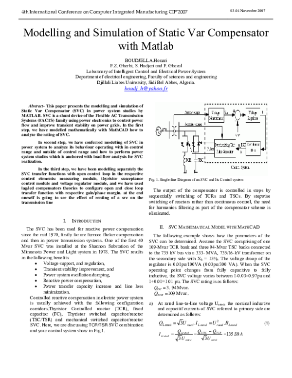 (PDF) Modelling and Simulation of Static Var Compensator (SVC) in Power System Studies by MATLAB