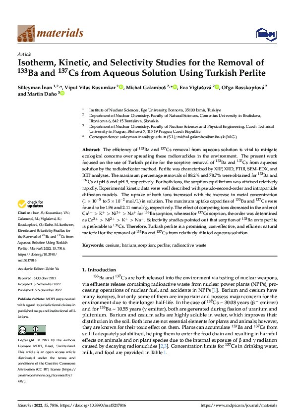 (PDF) Isotherm, Kinetic, and Selectivity Studies for the Removal of 133Ba and 137Cs from Aqueous ...