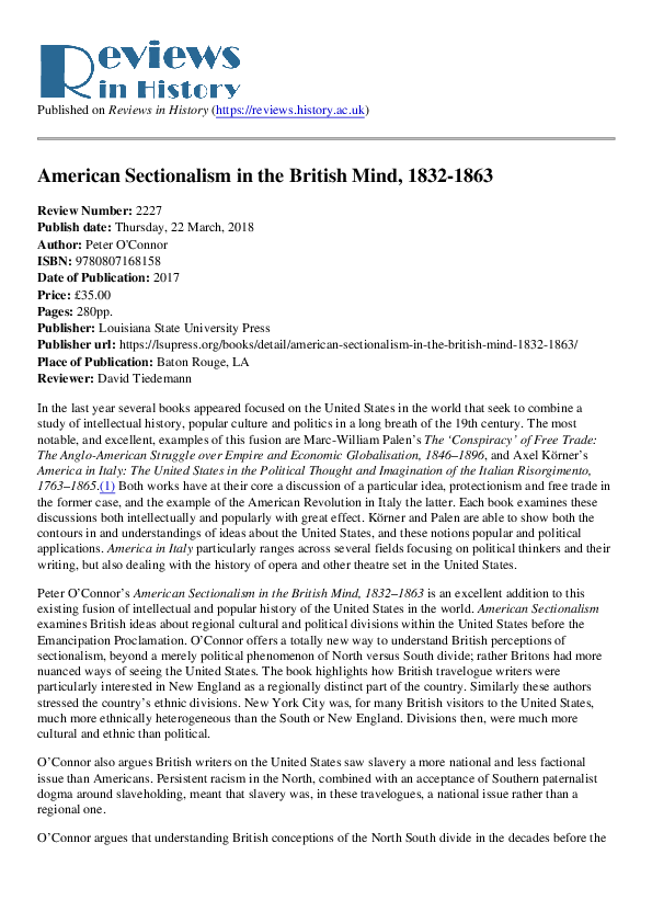 (PDF) Review of 'American Sectionalism in the British Mind, 1832-1863