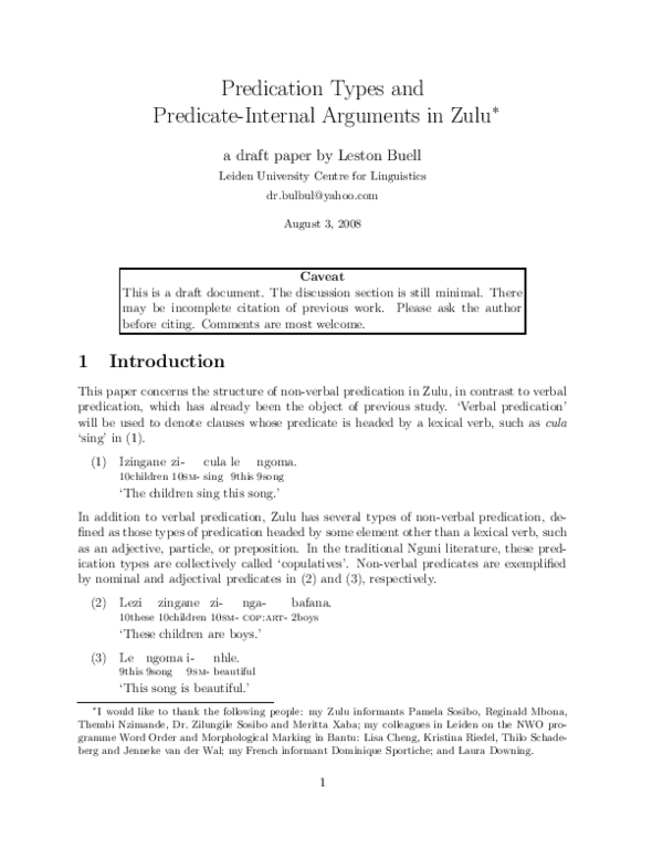 (PDF) Predication Types and Predicate-Internal Arguments in Zulu