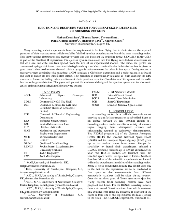 (PDF) Ejection and recovery system for CubeSat sized ejectables on ...