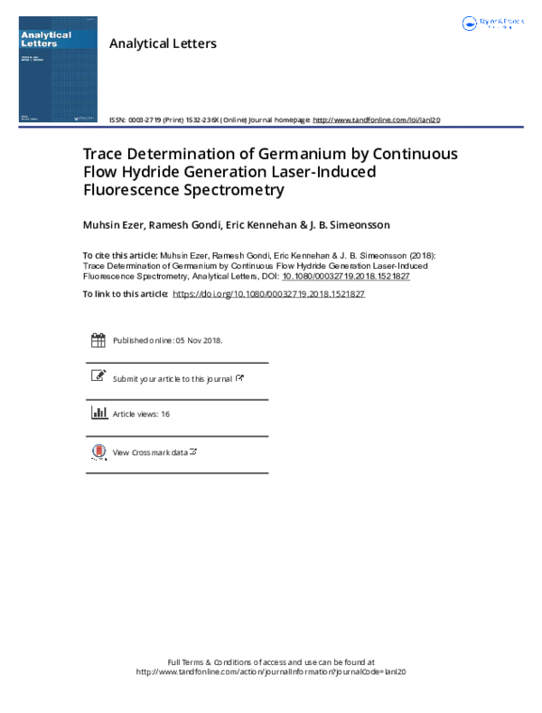 Pdf Trace Determination Of Germanium By Continuous Flow Hydride Generation Laser Induced
