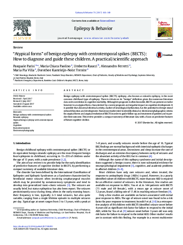 (PDF) Atypical forms" of benign epilepsy with centrotemporal spikes (BECTS): How to diagnose and ...