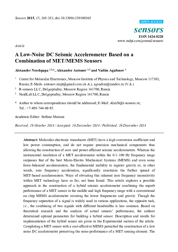 (PDF) A Low-Noise DC Seismic Accelerometer Based on a Combination of MET/MEMS Sensors