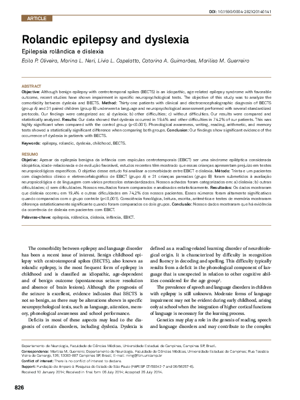 (PDF) Rolandic epilepsy and dyslexia