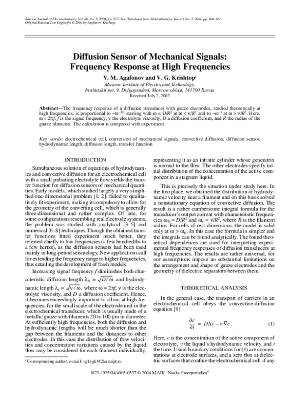 (PDF) Diffusion Sensor of Mechanical Signals: Frequency Response at ...