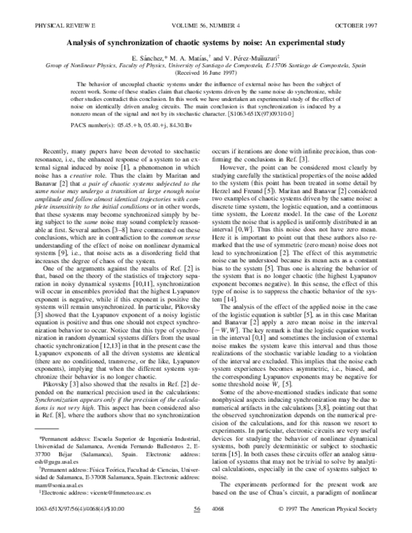 (PDF) Analysis of synchronization of chaotic systems by noise: An experimental study | Erik ...