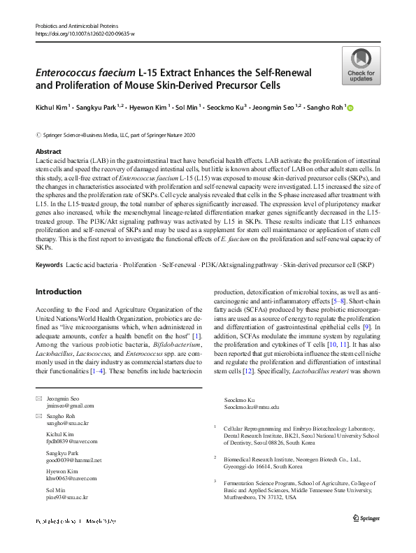 (PDF) Enterococcus faecium L-15 Extract Enhances the Self-Renewal and ...