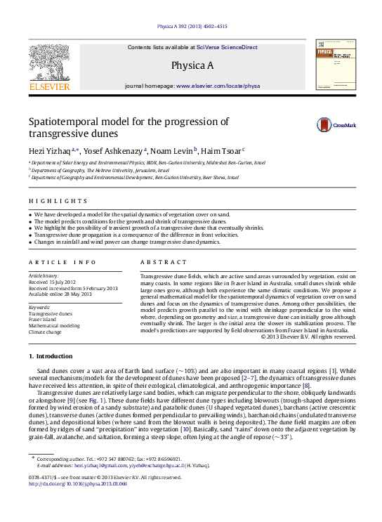 (PDF) Spatiotemporal model for the progression of transgressive dunes