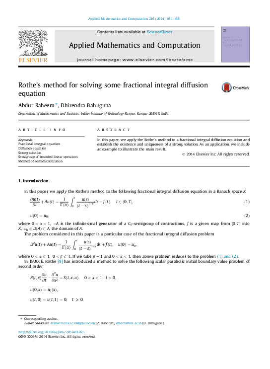 Pdf Rothes Method For Solving Some Fractional Integral Diffusion
