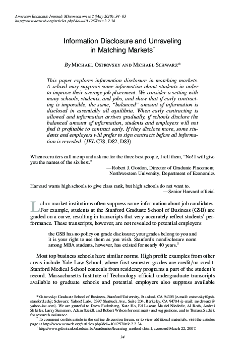 (PDF) Information Disclosure and Unraveling in Matching Markets