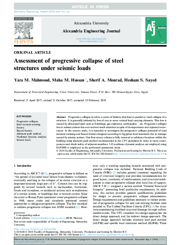 (PDF) Assessment of progressive collapse of steel structures under seismic loads
