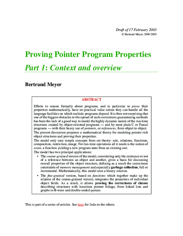 (PDF) Proving Pointer Program Properties. Part 1: Context and overview