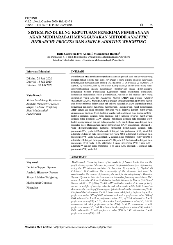 (PDF) Sistem Pendukung Keputusan Penerima Pembiayaan Akad Mudharabah Menggunakan Metode Analytic ...