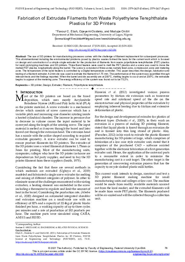 (PDF) Fabrication of Extrudate Filaments from Waste Polyethylene ...