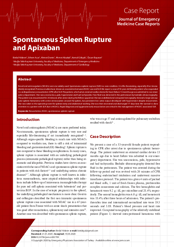 (PDF) Spontaneous Spleen Rupture and Apixaban