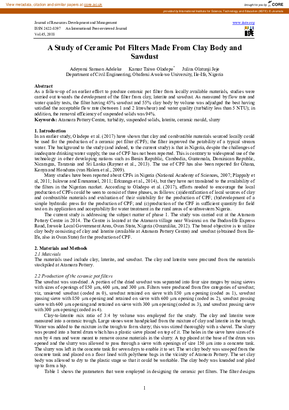 (PDF) A Study of Ceramic Pot Filters Made From Clay Body and Sawdust