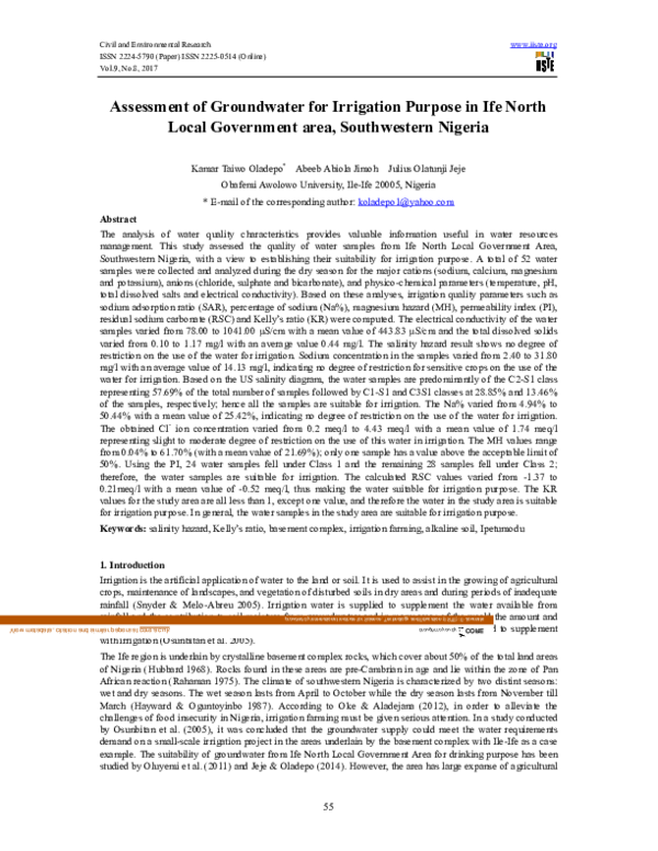 (PDF) Assessment of Groundwater for Irrigation Purpose in Ife North Local Government area ...