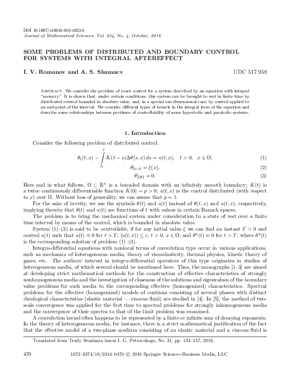 Pdf Some Problems Of Distributed And Boundary Control For Systems