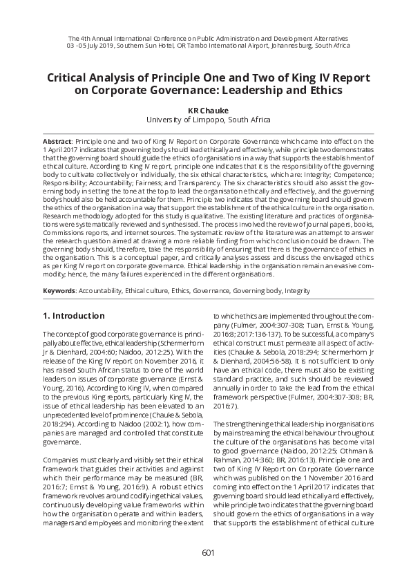 (PDF) Critical analysis of principle one and two of King IV report on ...