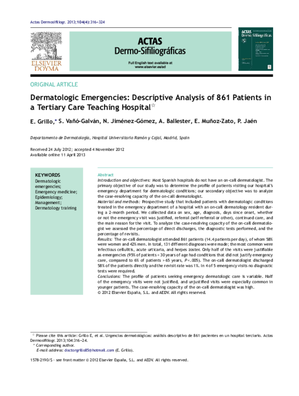 (PDF) Dermatologic Emergencies: Descriptive Analysis of 861 Patients in ...