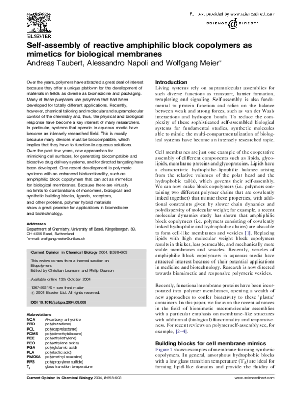 (PDF) Self-assembly of reactive amphiphilic block copolymers as mimetics for biological ...