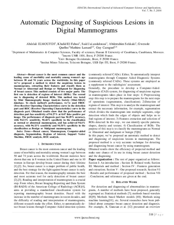 (PDF) Automatic Diagnosing of Suspicious Lesions in Digital Mammograms
