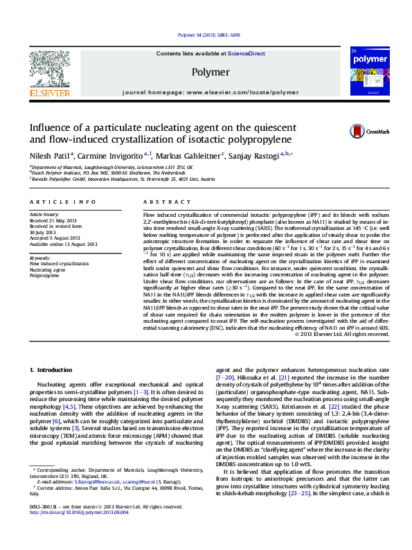 (PDF) Influence of a particulate nucleating agent on the quiescent and ...