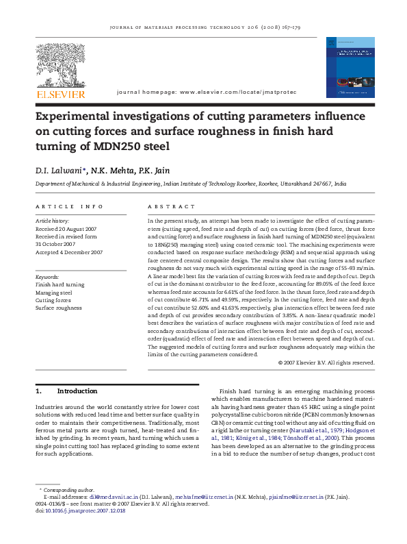 Pdf Experimental Investigations Of Cutting Parameters Influence On