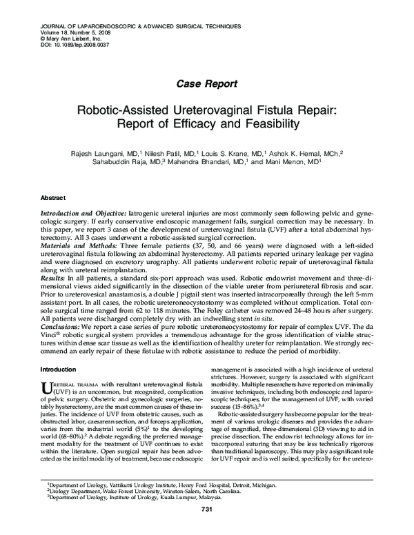 (PDF) Robotic-Assisted Ureterovaginal Fistula Repair: Report of Efficacy and Feasibility