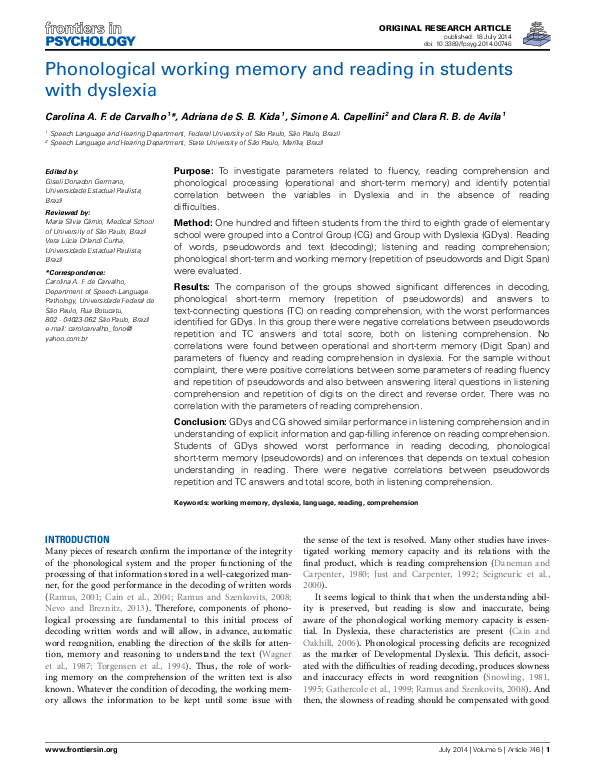 (PDF) Phonological working memory and reading in students with dyslexia
