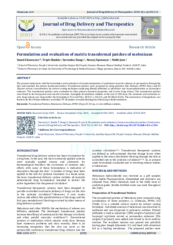 Pdf Formulation And Evaluation Of Matrix Transdermal Patches Of Meloxicam