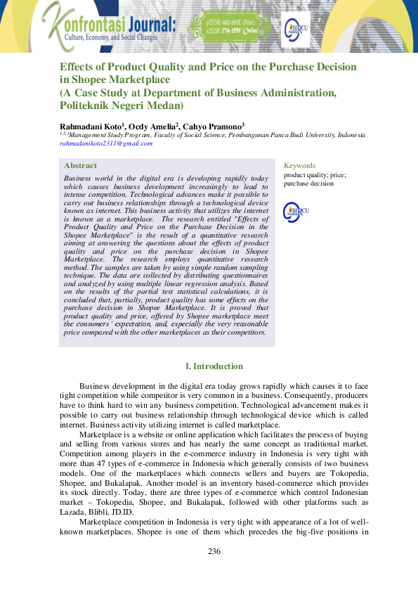 (PDF) Effects of Product Quality and Price on the Purchase Decision in ...