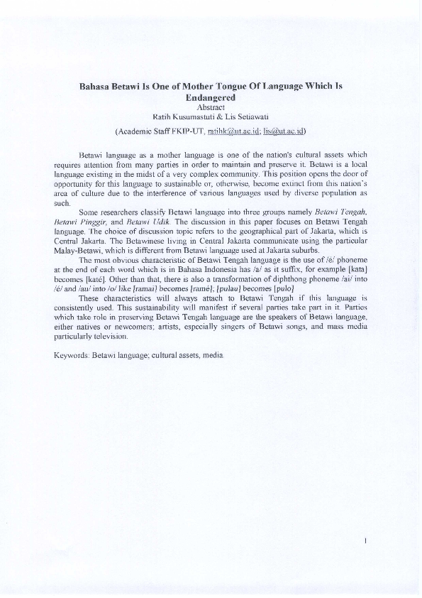 (PDF) Bahasa Betawi is One of Mother Tongue of Language Which is Endangered