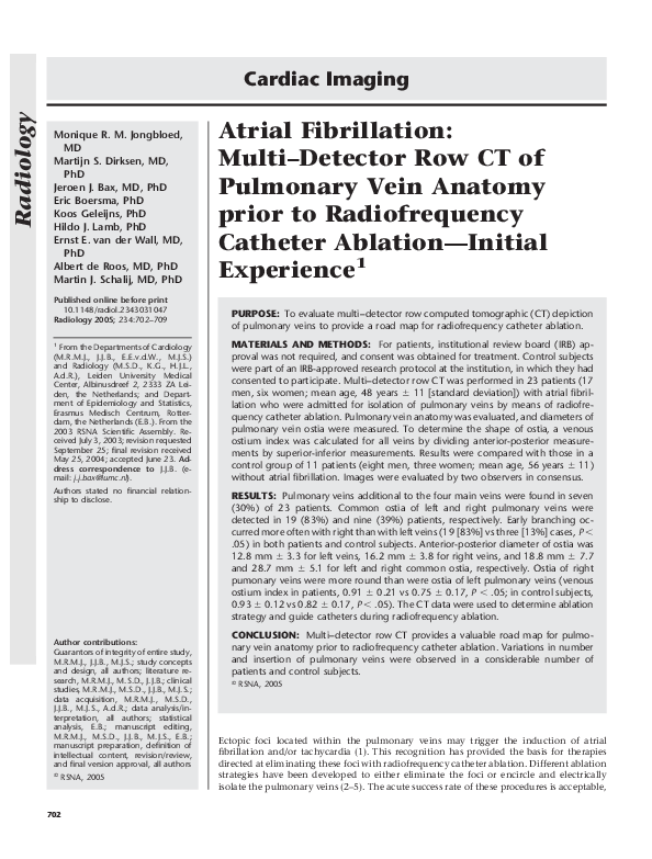 Pdf Atrial Fibrillation Multi Detector Row Ct Of Pulmonary Vein Anatomy Prior To