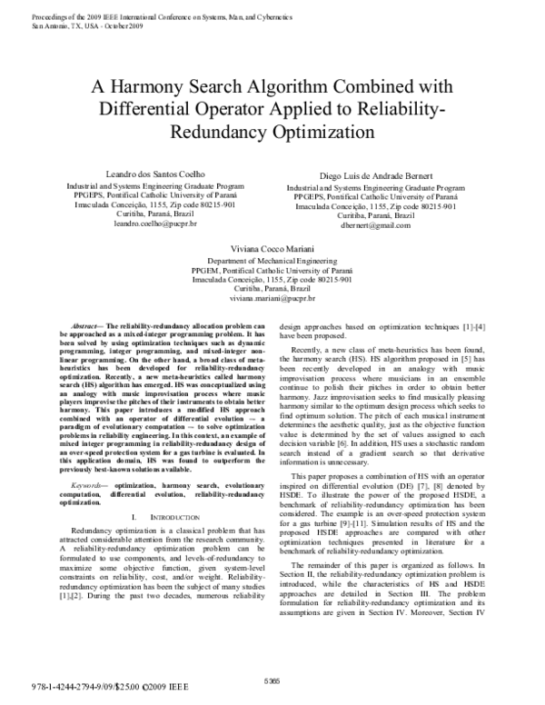 (PDF) A harmony search algorithm combined with differential operator applied to reliability ...